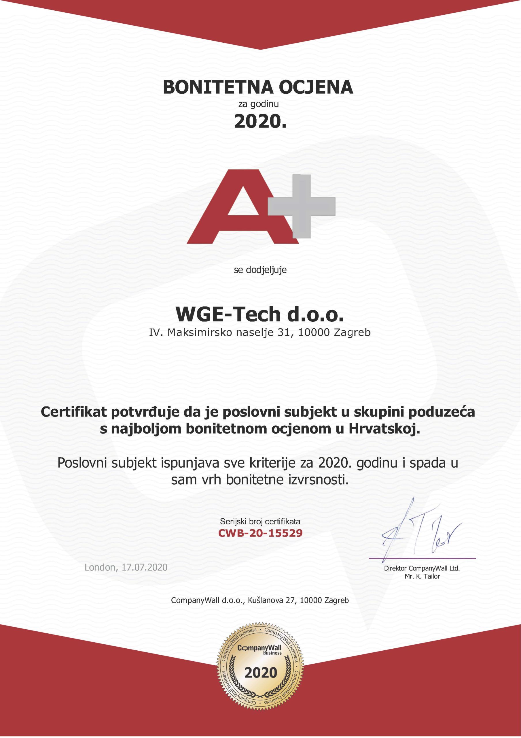 Certifikat bonitetne izvrsnosti - WGE-Tech